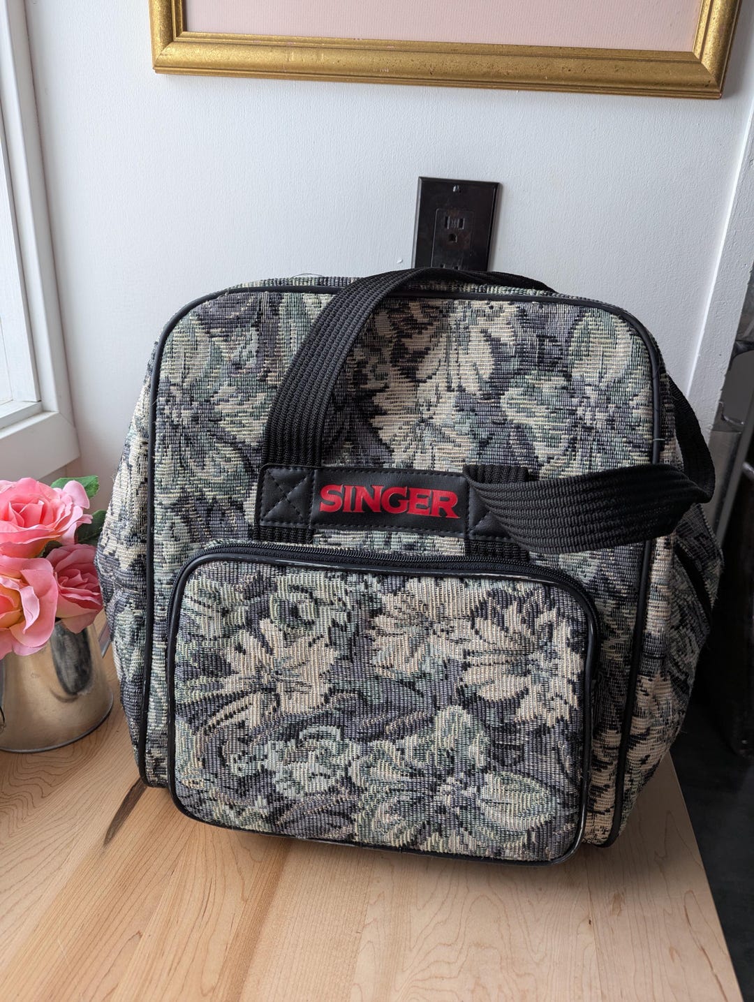 Vintage Singer Sewing Machine Bag Tapestry Carry Bag Large Bag Flower ...