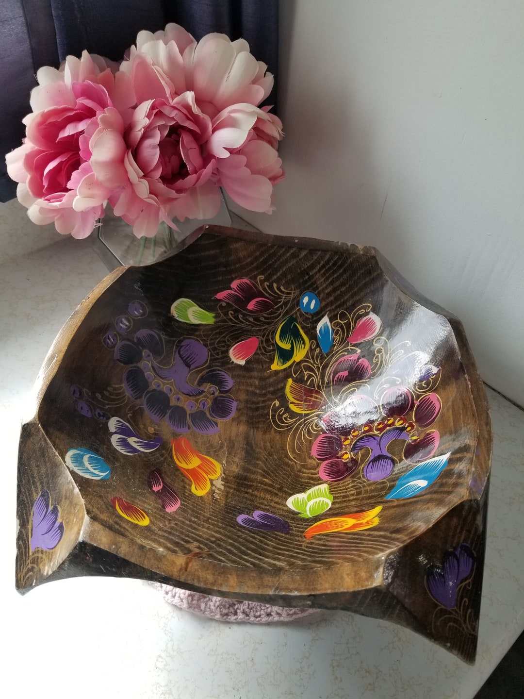 Vintage Tole Painted Wood Bowl Vintage Wood Kitchen Bowl Mexico Folk ...