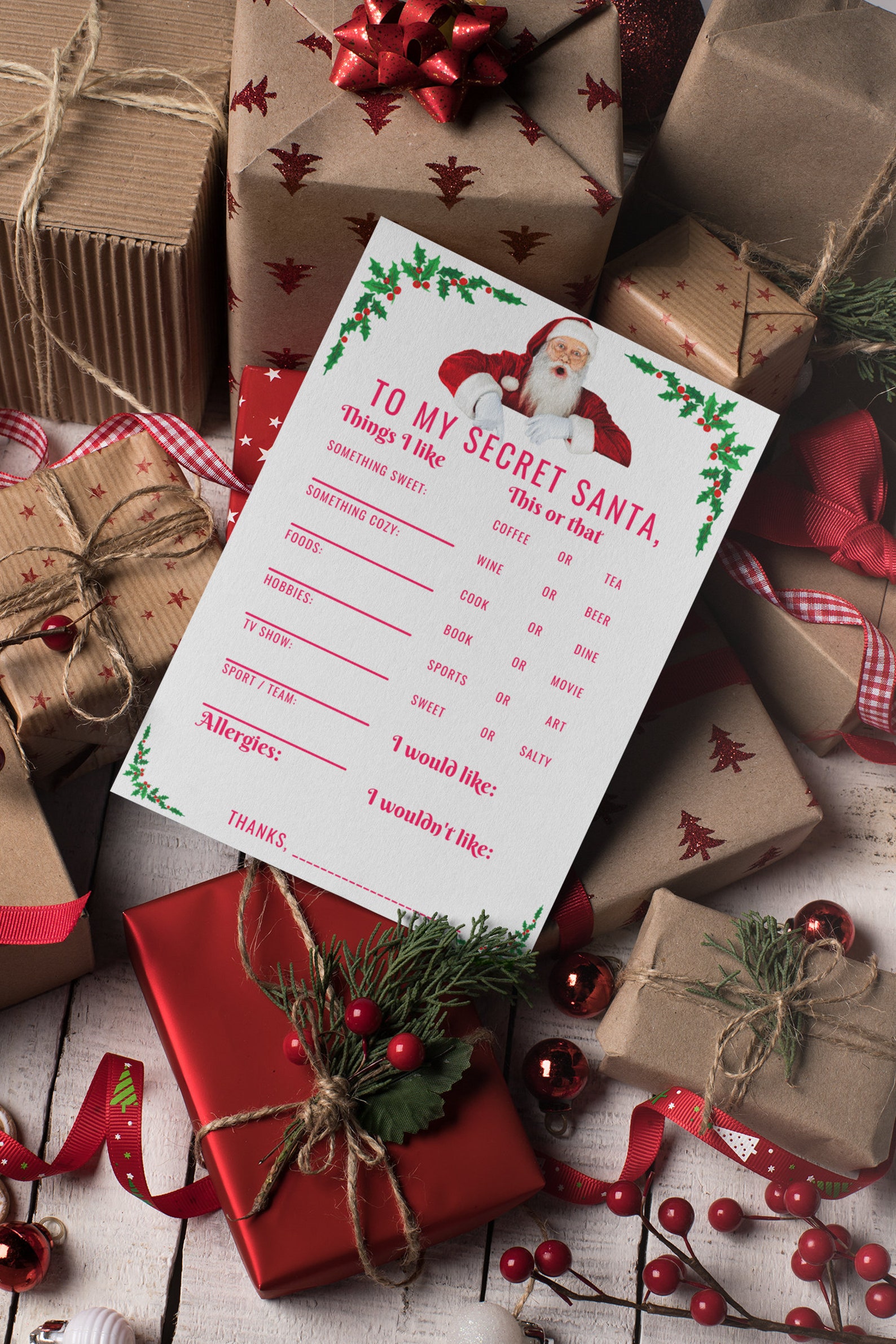 Christmas Secret Santa Questionnaire Printable Instant - Etsy