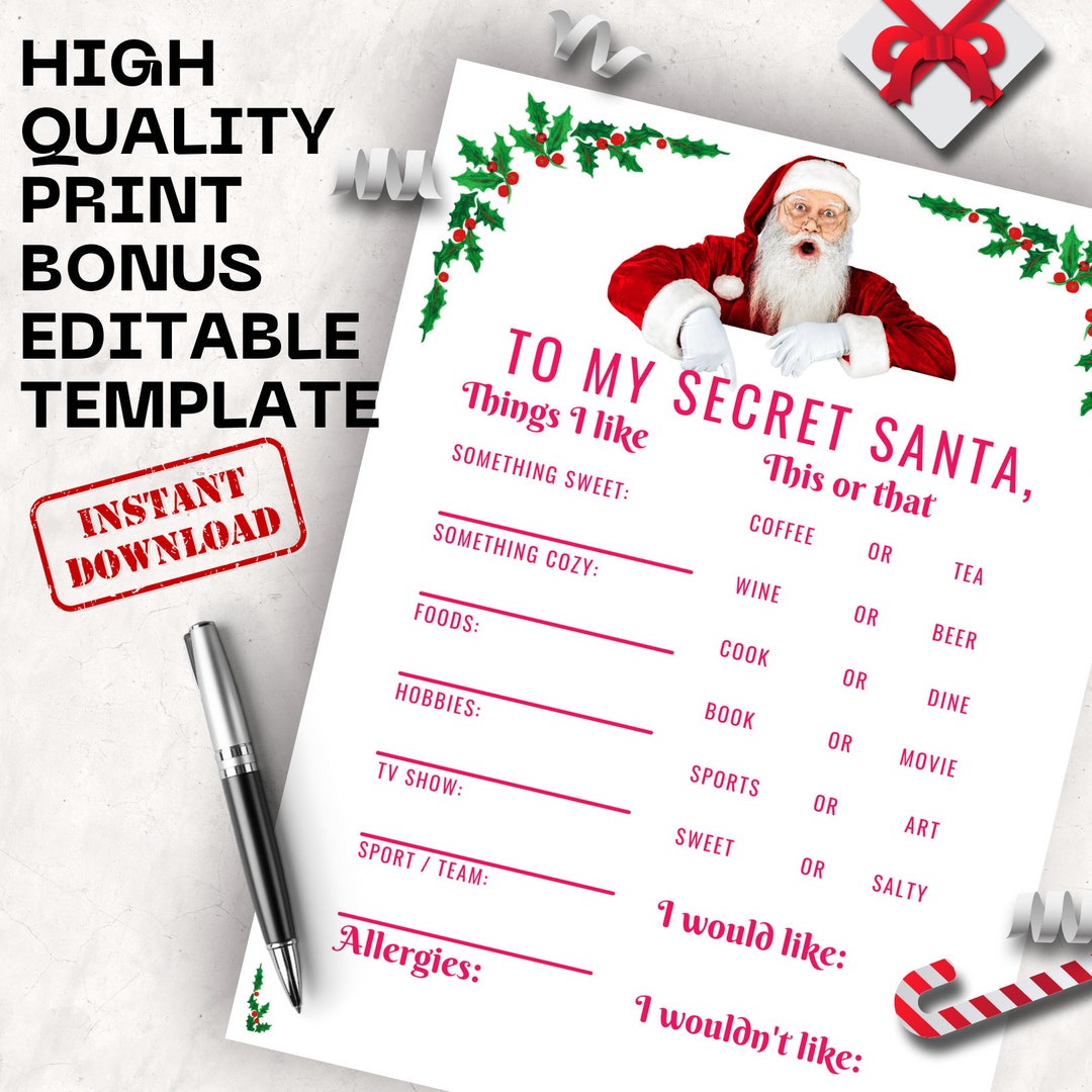 Christmas Secret Santa Questionnaire Printable Instant Download for ...