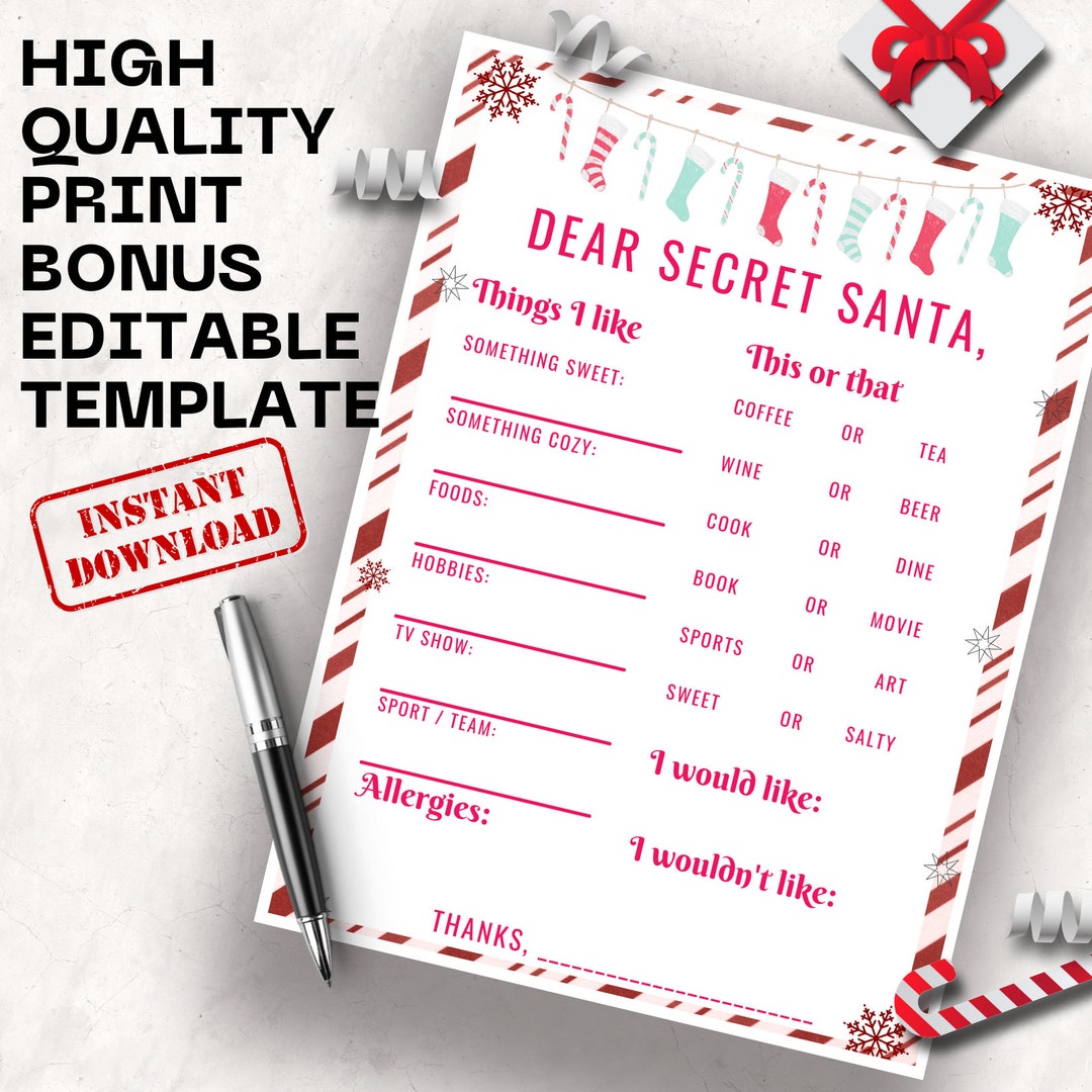Christmas Secret Santa Questionnaire Printable Instant Download for ...