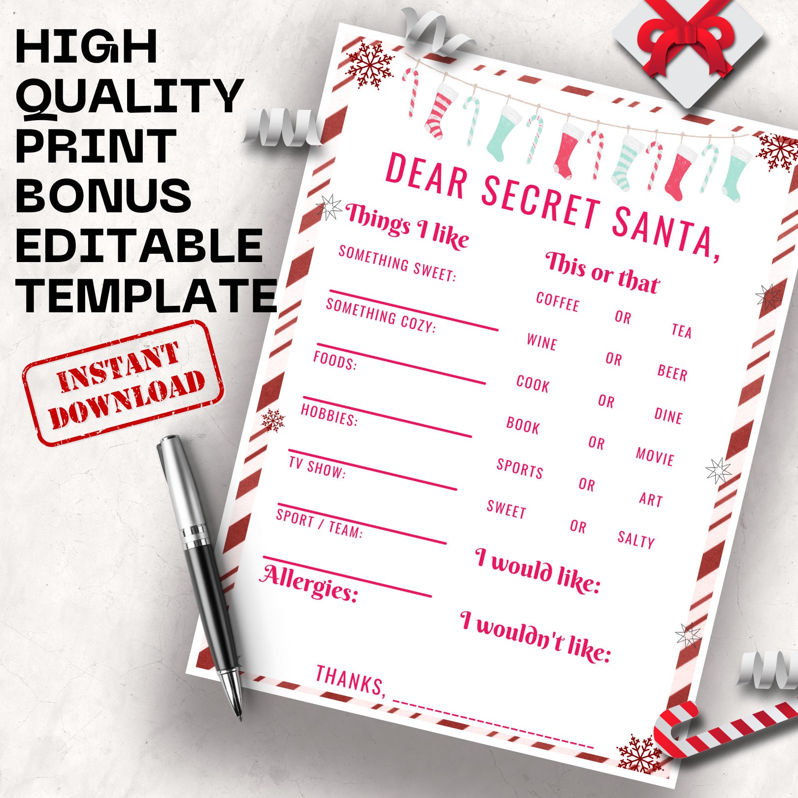 Christmas Secret Santa Questionnaire Printable Instant Download for ...