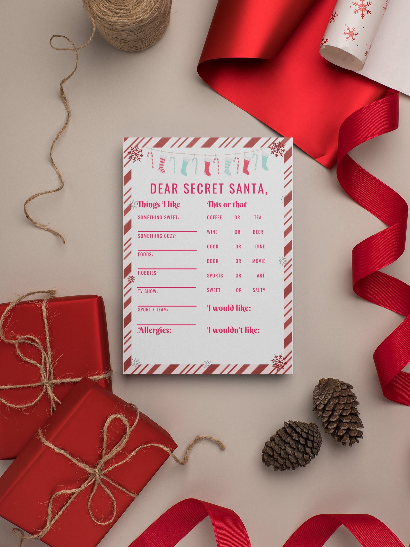 Christmas Secret Santa Questionnaire Printable Instant Download for ...