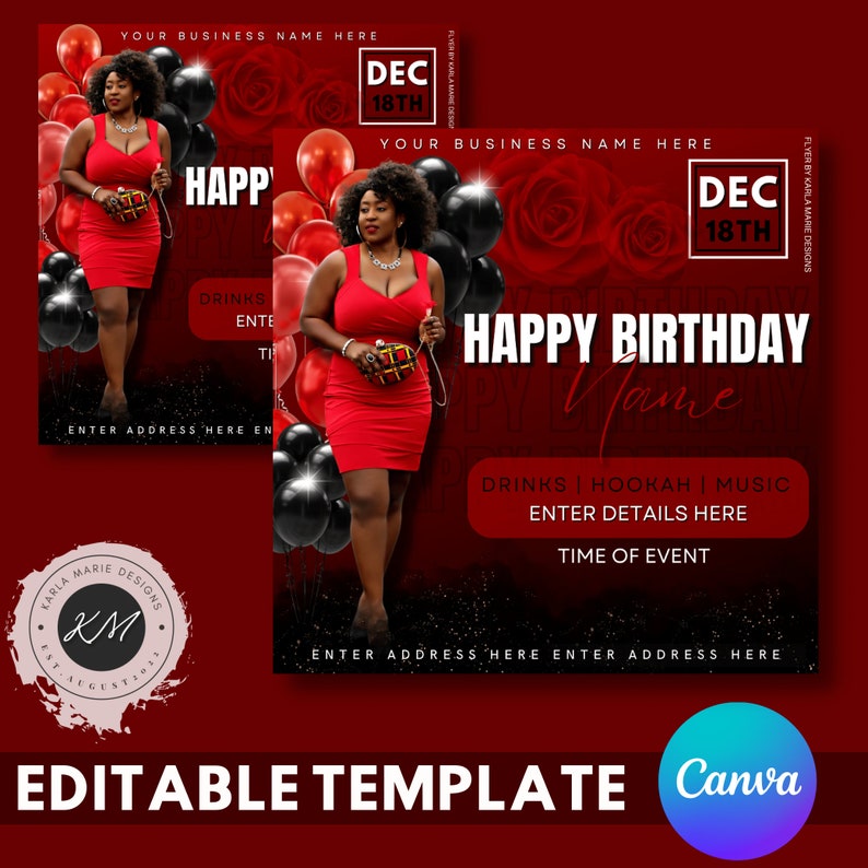 Red & Black Birthday Party Flyer, Editable Template, Canva Template ...