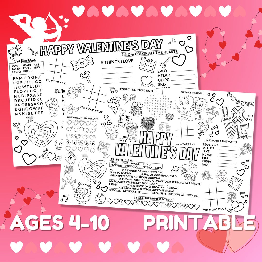 Valentine's Day Activity Placemat Printable, Coloring Page - Etsy