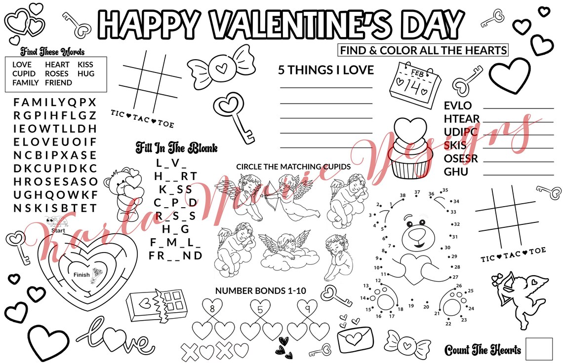 Valentine's Day Activity Placemat Printable, Coloring Page - Etsy