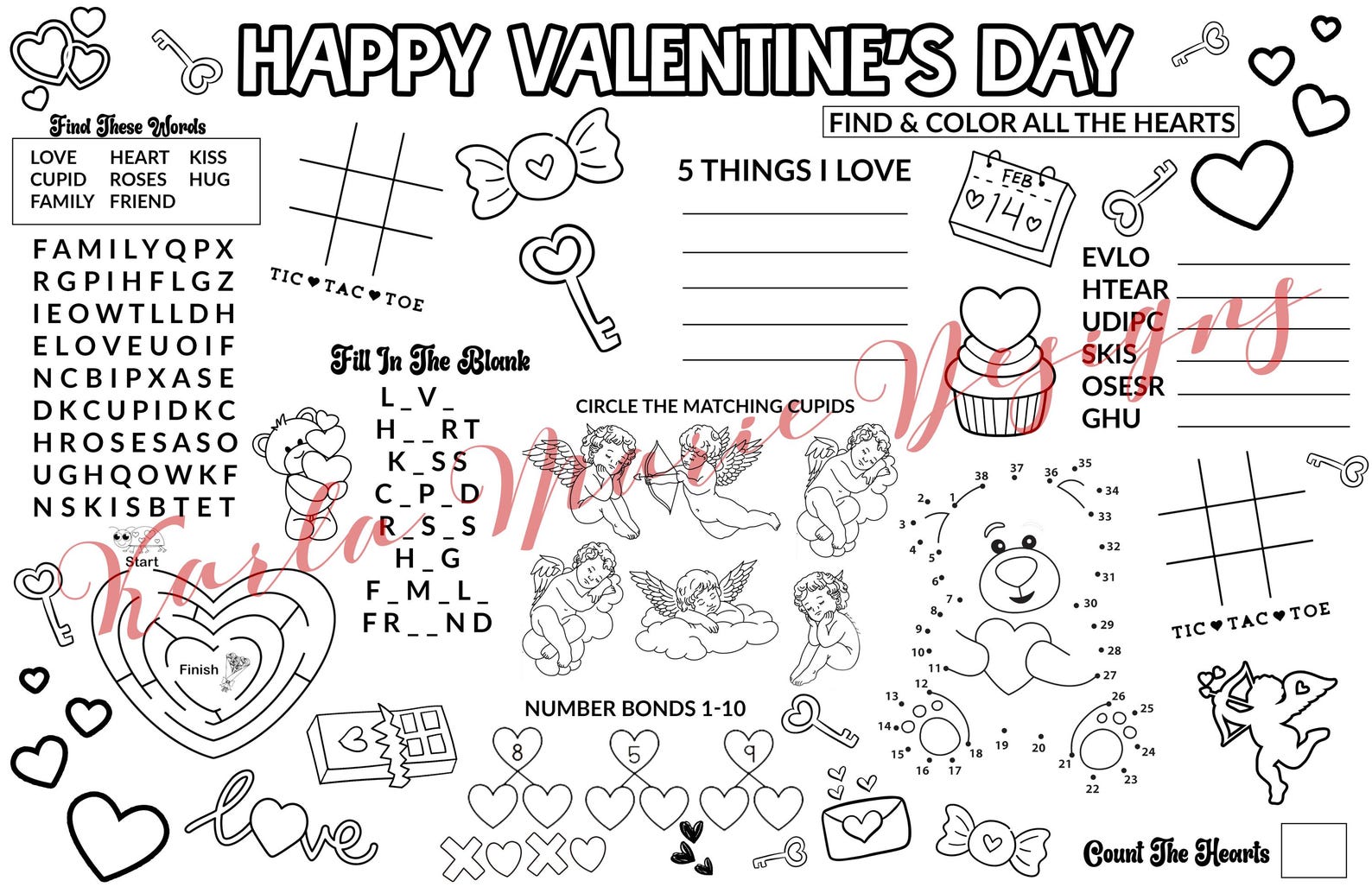 Valentine's Day Activity Placemat Printable, Coloring Page - Etsy