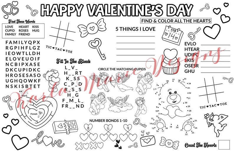 Valentine's Day Activity Placemat Printable, Coloring Page - Etsy