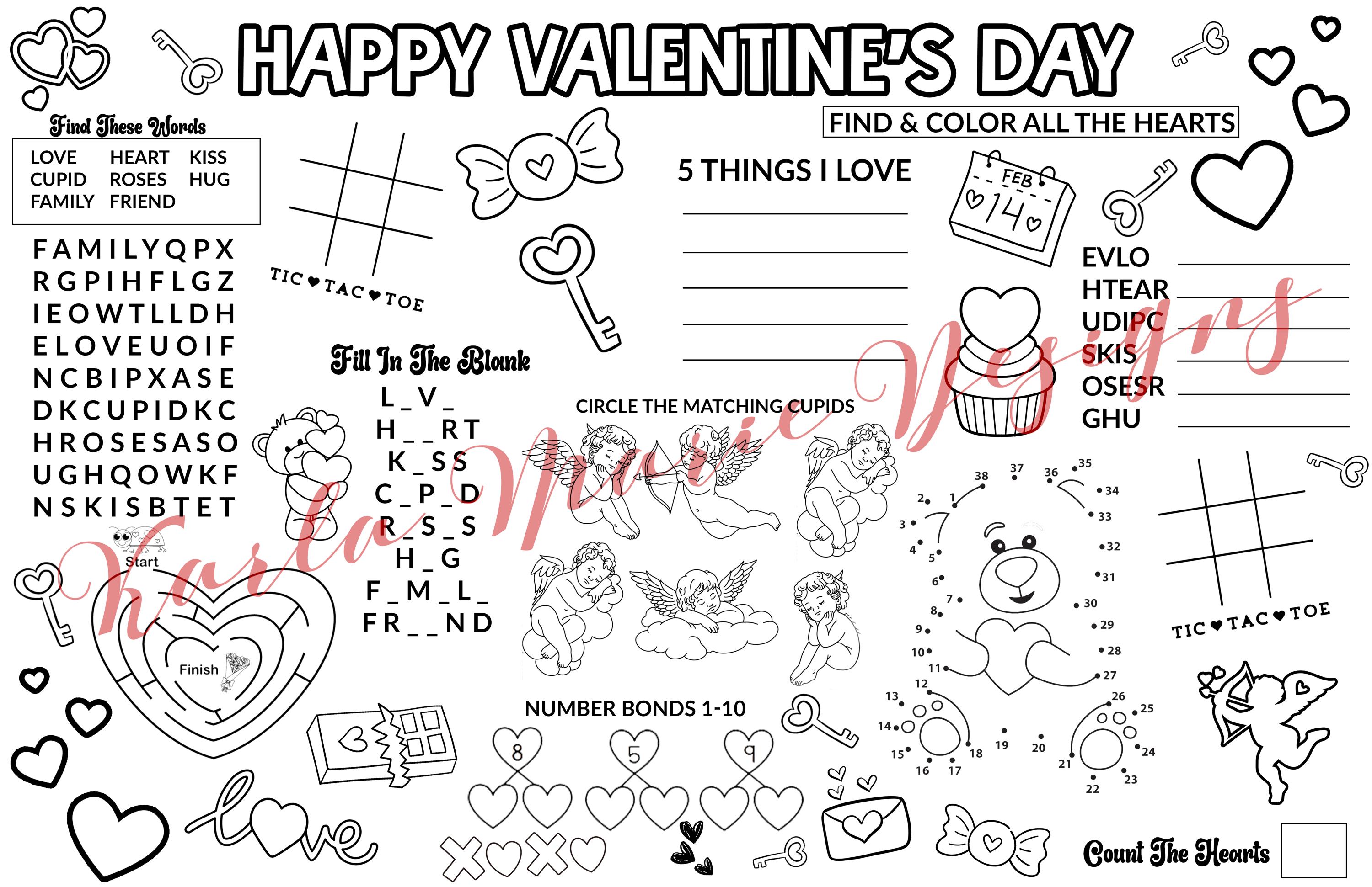 Valentine's Day Activity Placemat Printable, Coloring Page - Etsy