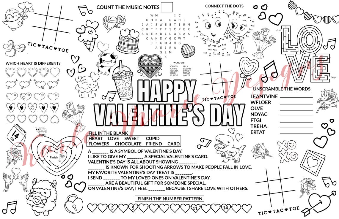 Valentine's Day Activity Placemat Printable, Coloring Page - Etsy