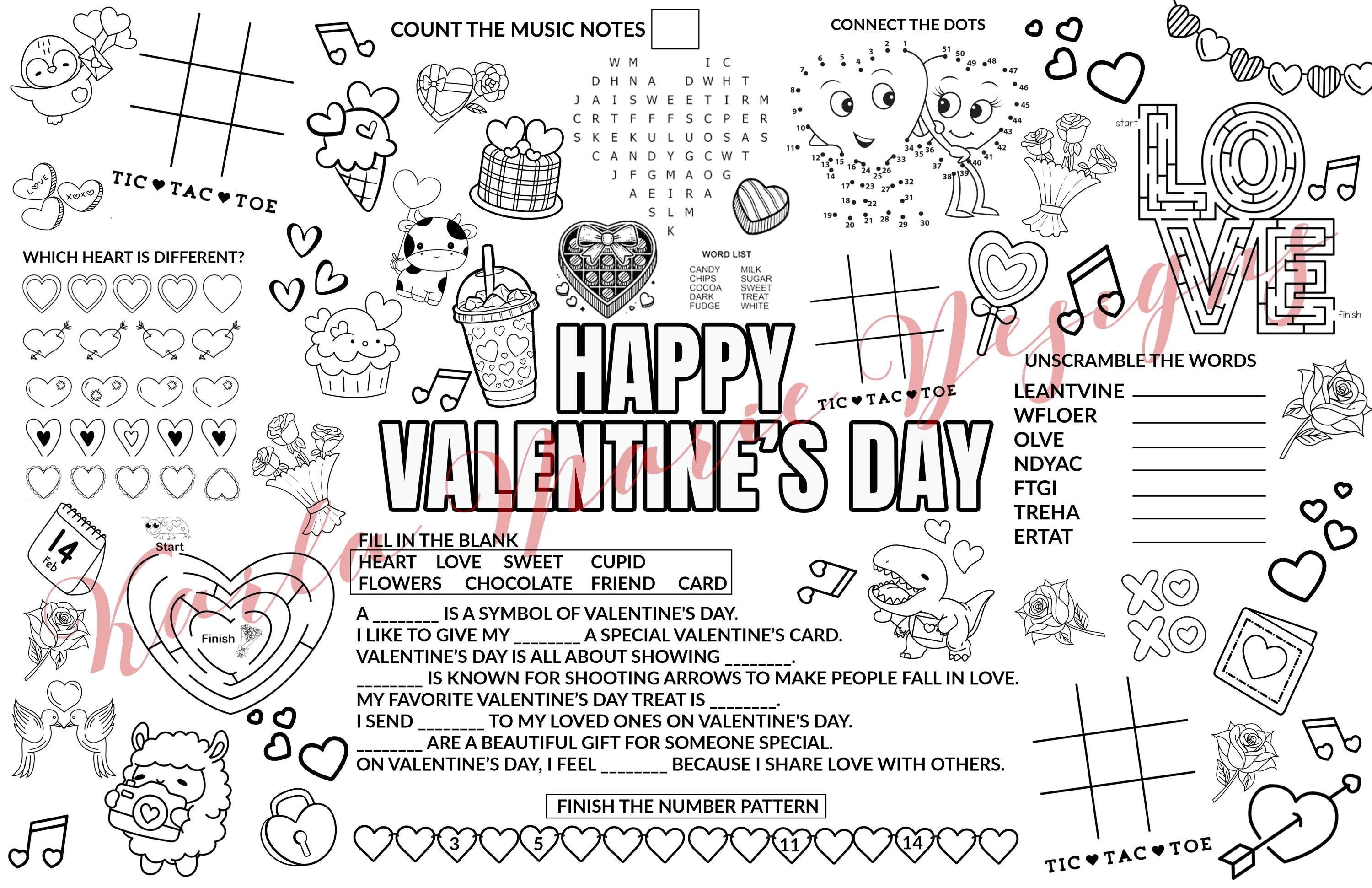 Valentine's Day Activity Placemat Printable, Coloring Page - Etsy