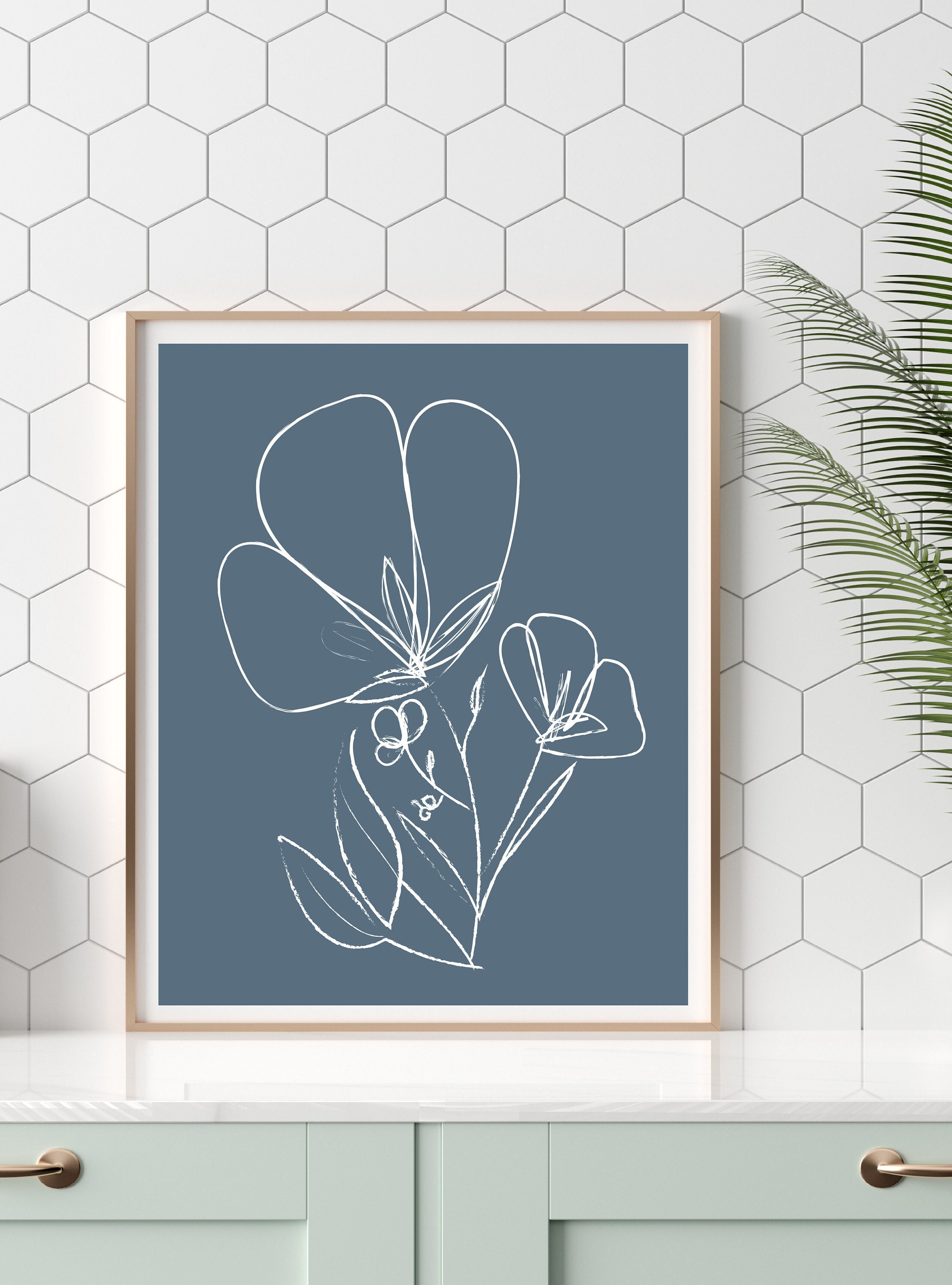 Heather Blue Flower Line Art Print | Poppy Line Art | Flower Wall Art ...