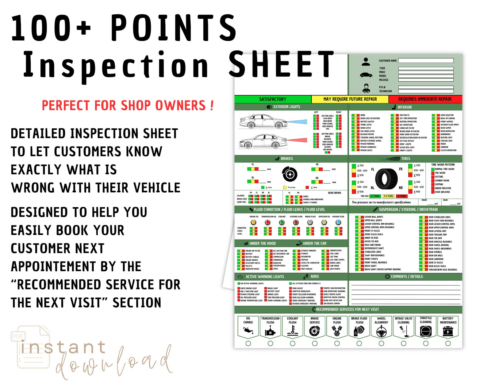 Professional 100+ Point Vehicle Safety Inspection Sheet for Garages ...