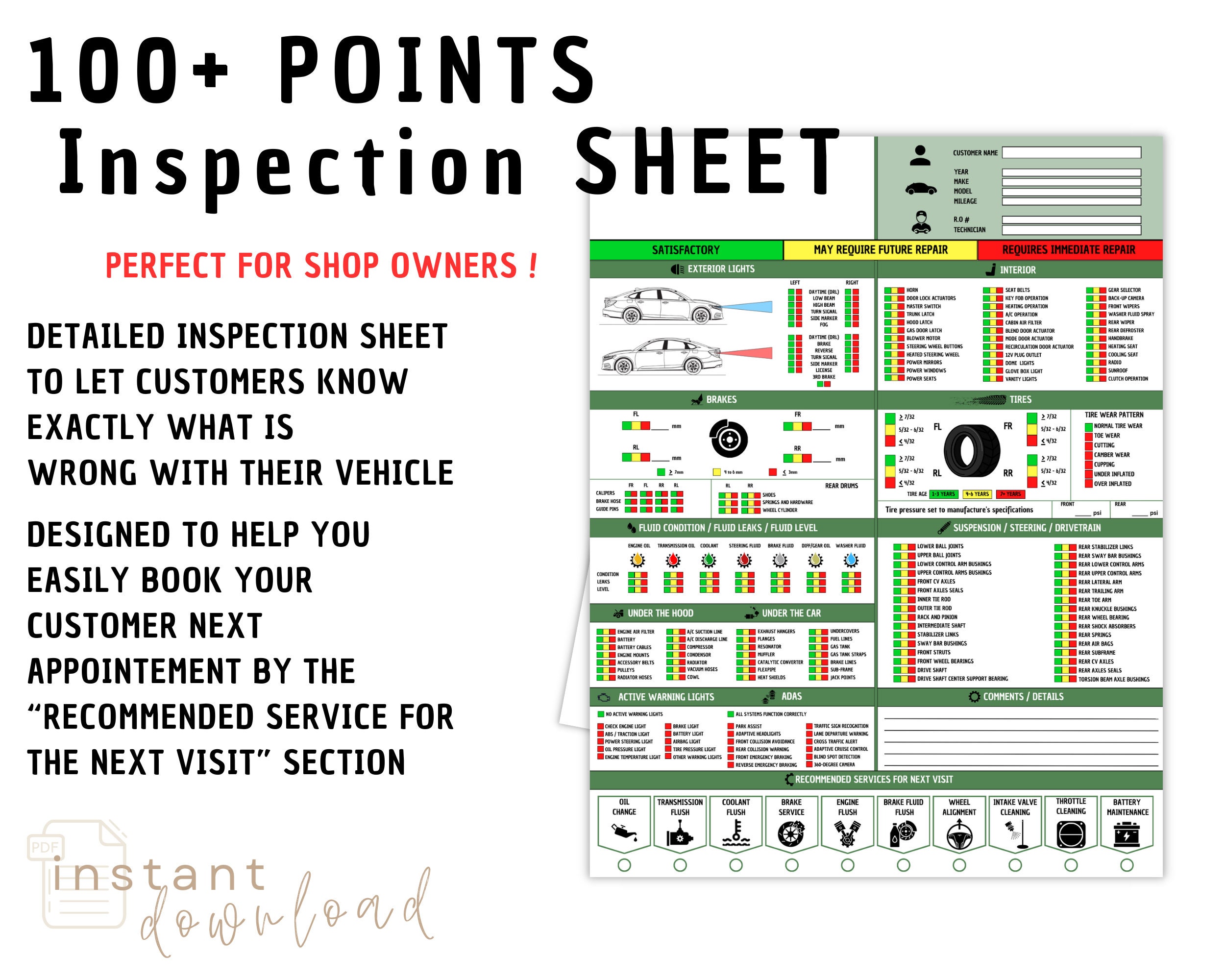 Professional 100+ Points Vehicle Inspection Sheet, Car Safety ...