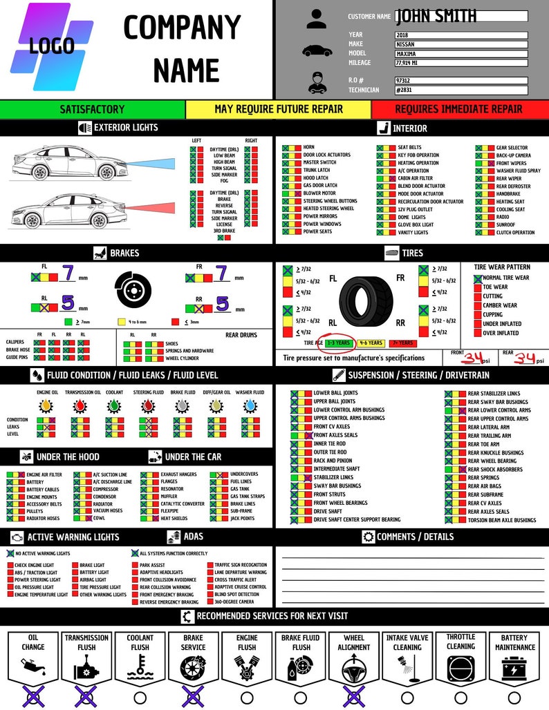 Professional 100+ Point Vehicle Safety Inspection Sheet for Garages ...