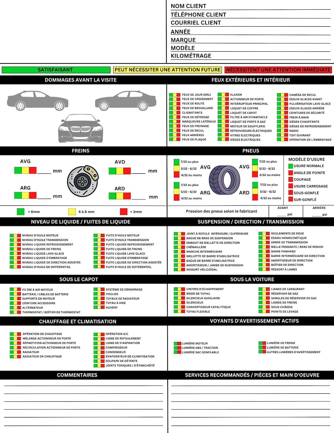 Fiche D'inspection Automobile Professionnelle 100 POINTS - Etsy