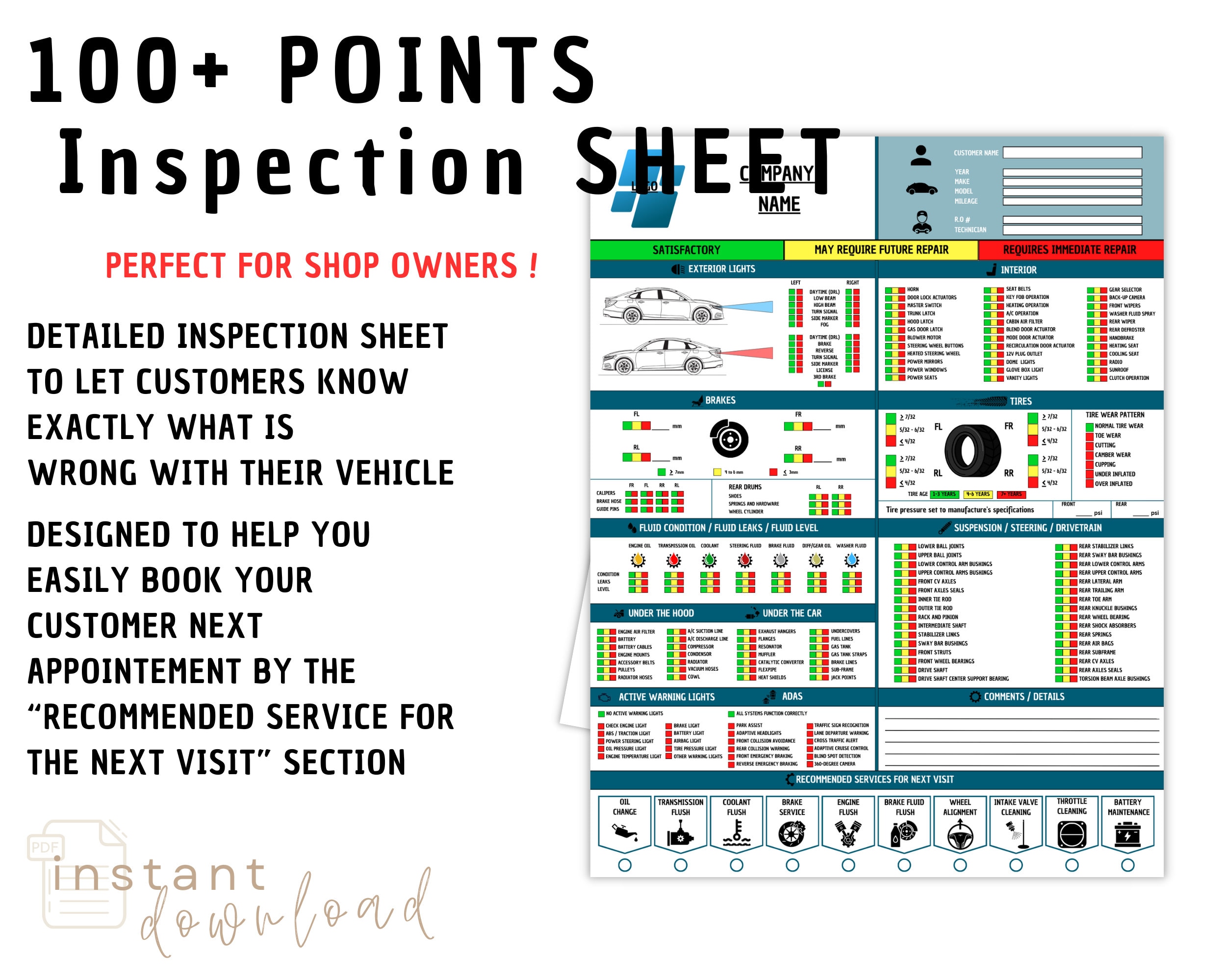 Professional 100+ Point Vehicle Safety Inspection Sheet: 100+ Points ...