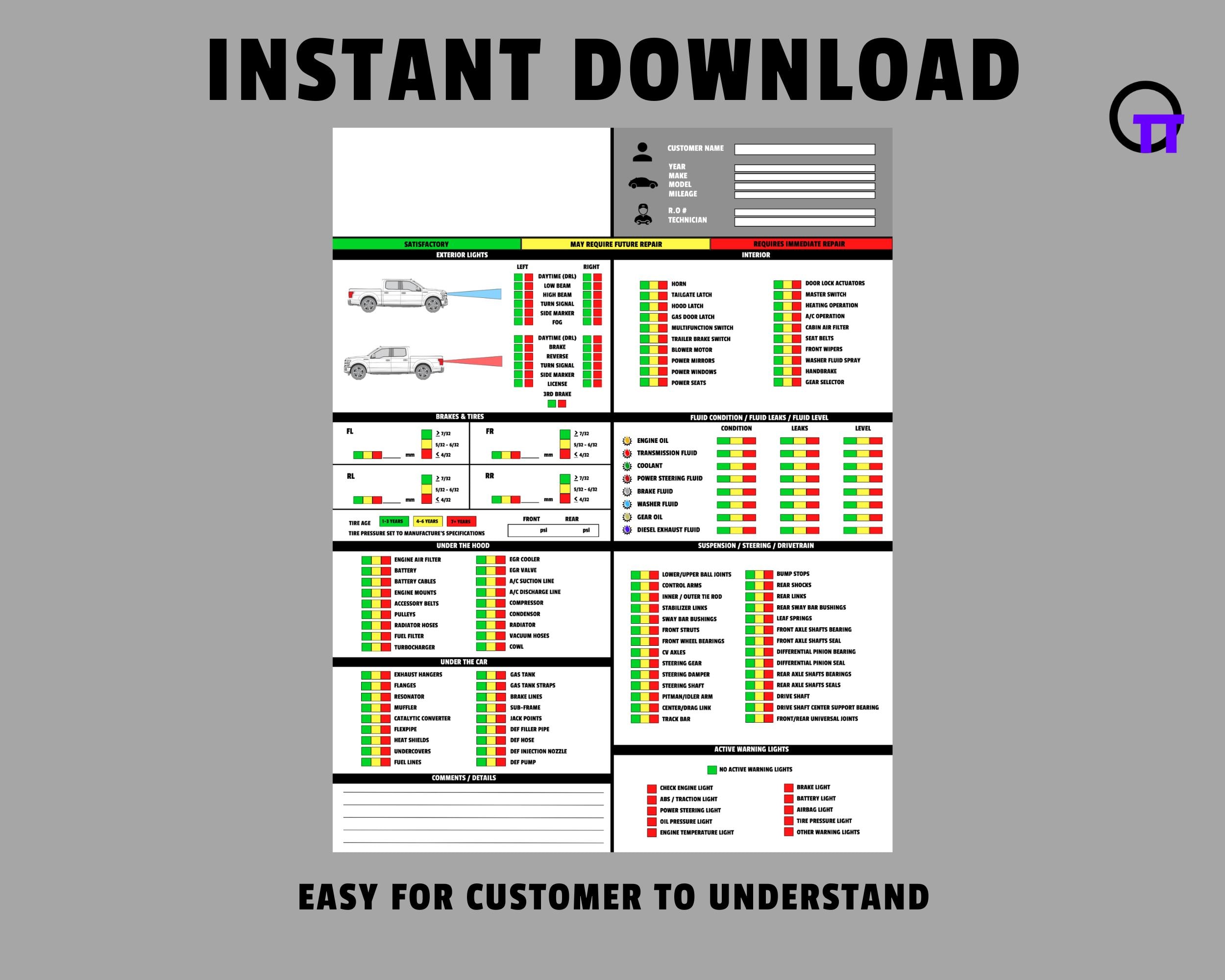 Diesel Truck / Heavy Duty Truck Professional Inspection Sheet, Diesel ...