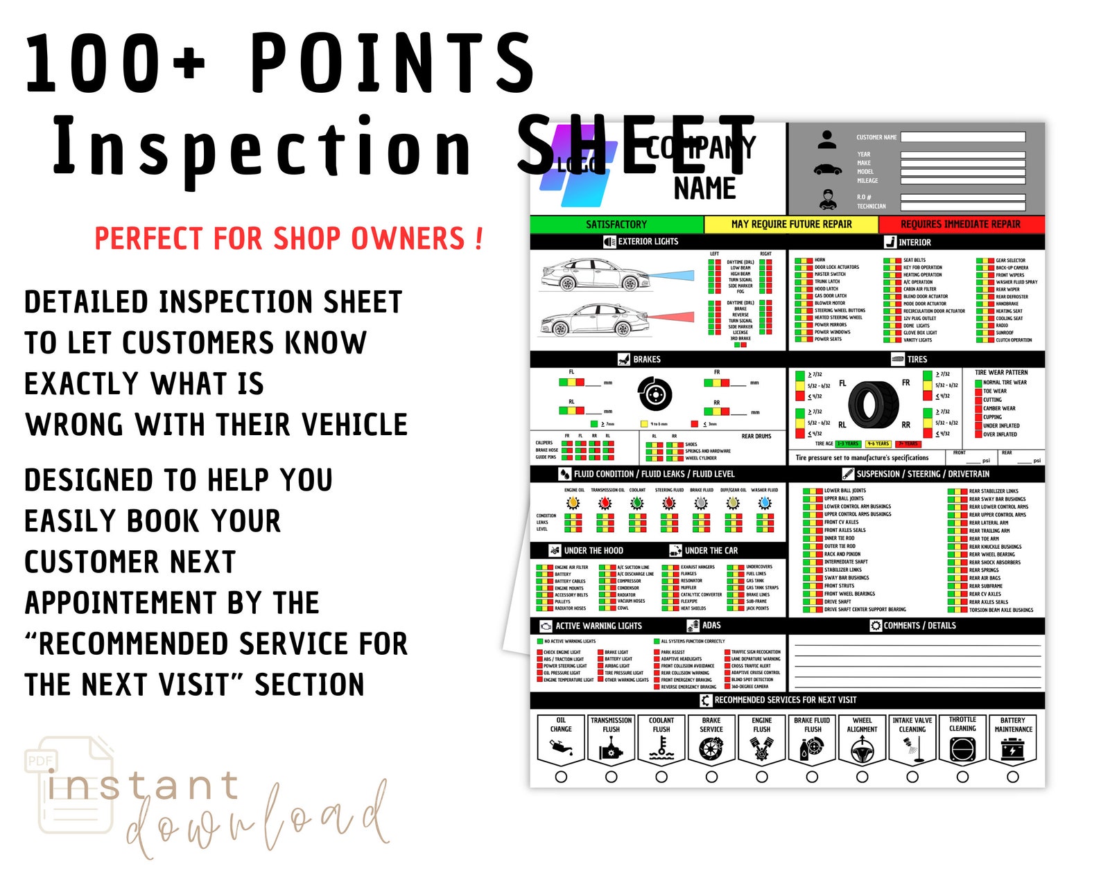 Professional 100+ Points Vehicle Inspection Sheet, Car Safety ...