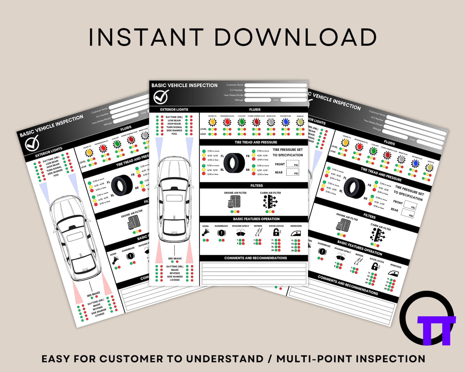 Vehicle Inspection Sheet, Basic Vehicle Inspection Form, Multi-point ...
