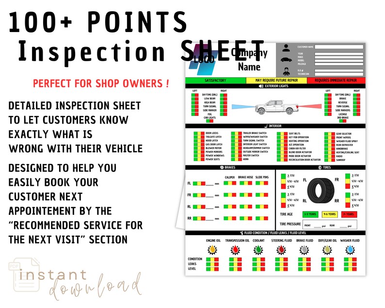 Diesel Truck / Heavy Duty Truck Professional Inspection Sheet, Diesel ...