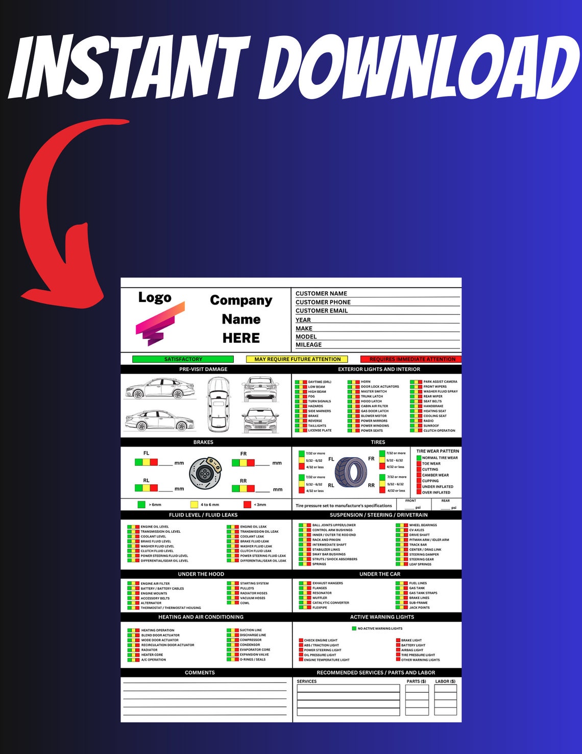 Professional 100+ Points Vehicle Inspection Form, Inspection Sheet ...
