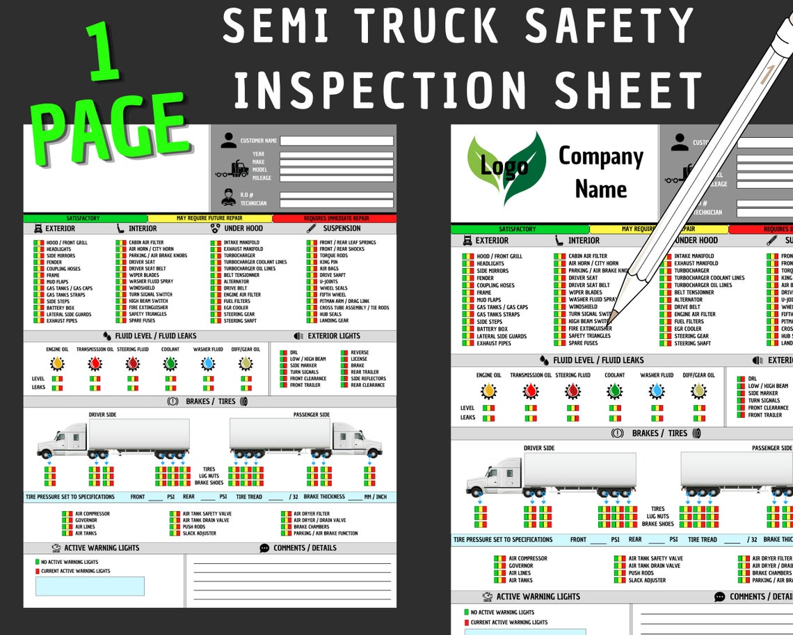 Semi Truck Inspection Sheet, Semi Truck Safety Inspection, Truck ...