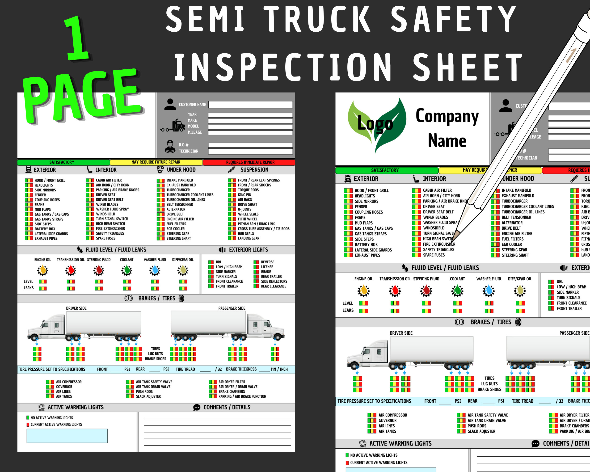 Semi Truck Inspection Sheet, Semi Truck Safety Inspection, Truck ...