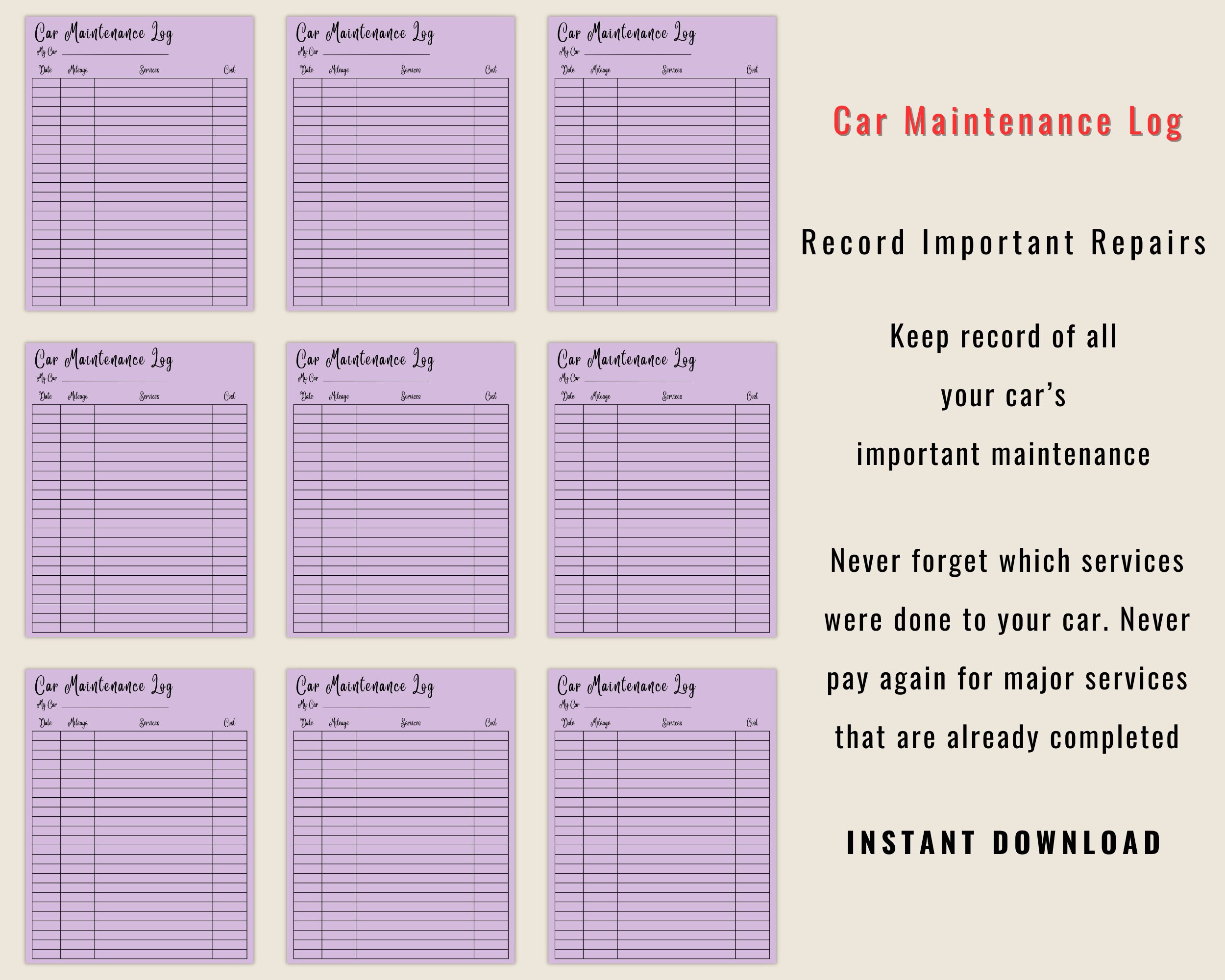 Car Maintenance Log, Car Maintenance Records, Repair Logs, Car Repairs ...