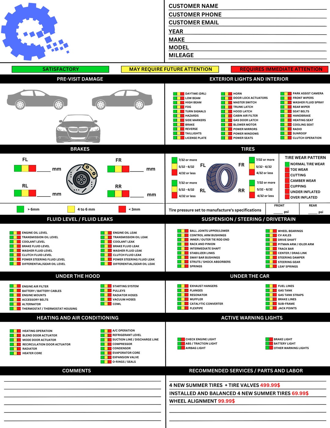Professional 100 Points VEHICLE INSPECTION SHEET - Etsy