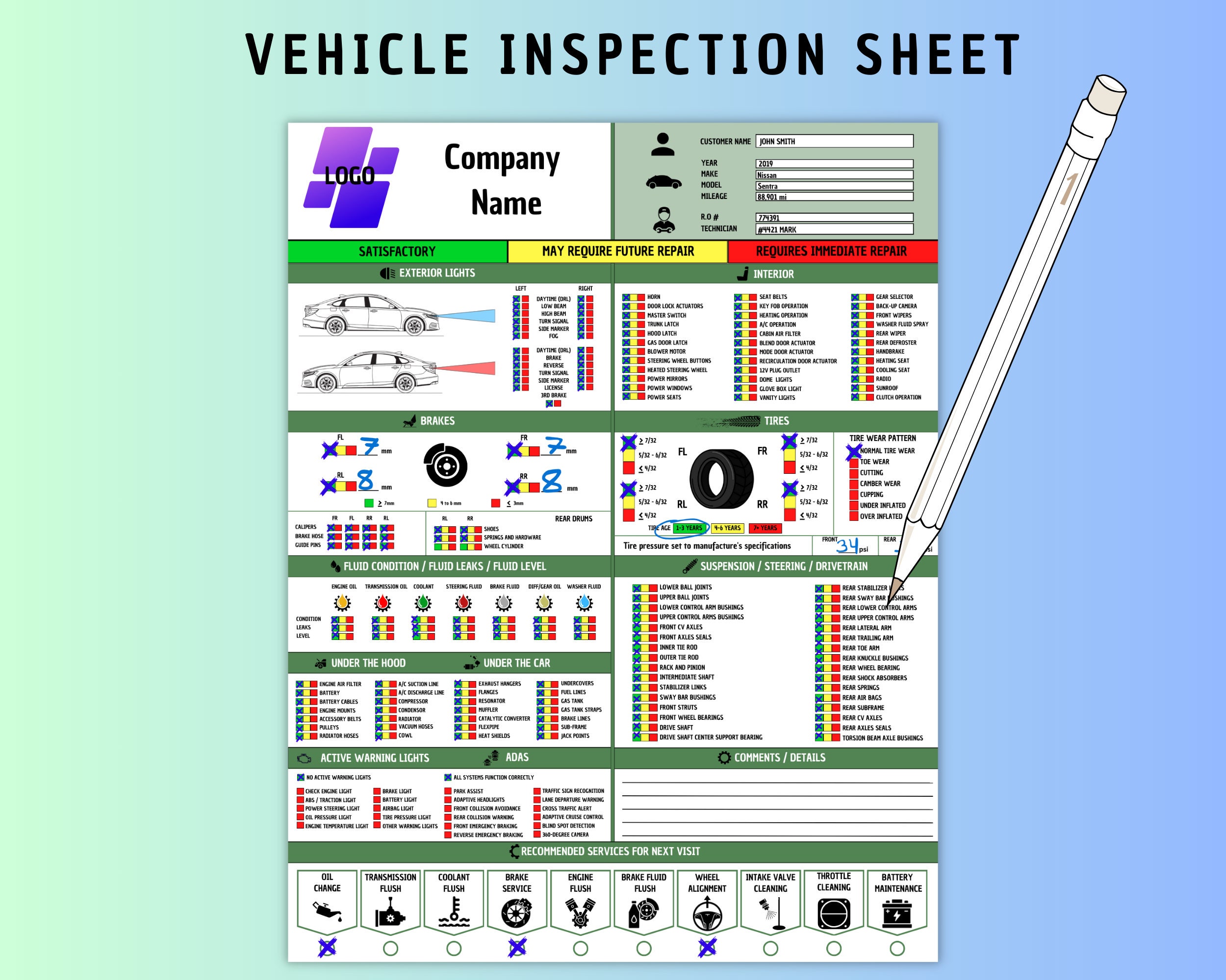 Professional 100+ Points Vehicle Inspection Sheet, Car Safety ...