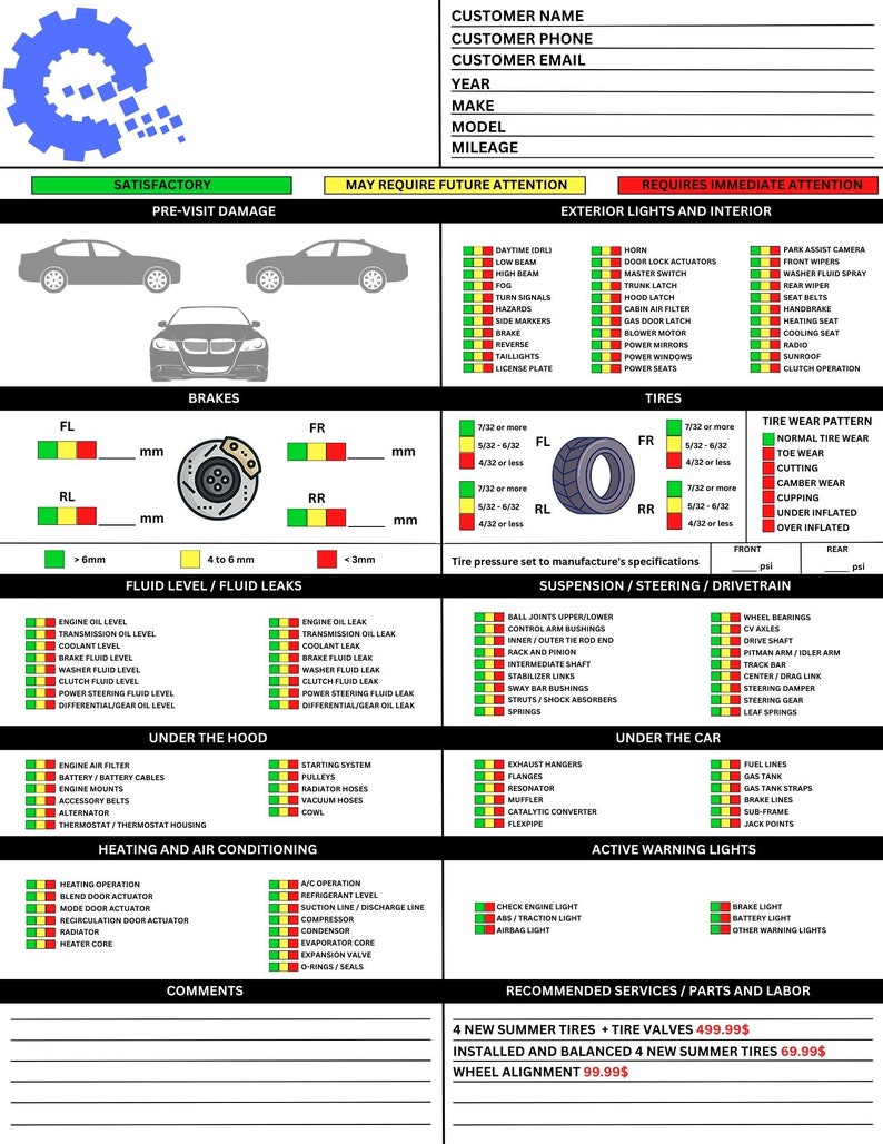 Professional 100 Points VEHICLE INSPECTION SHEET - Etsy