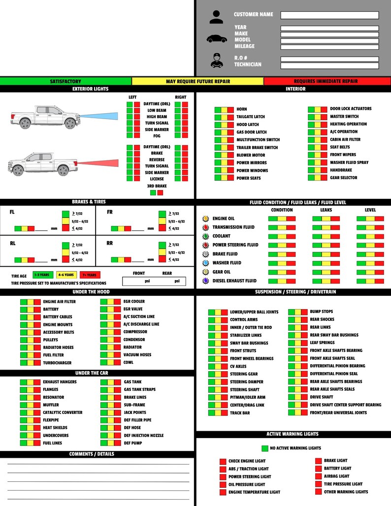 Diesel Truck / Heavy Duty Truck Professional Inspection Sheet, Diesel ...