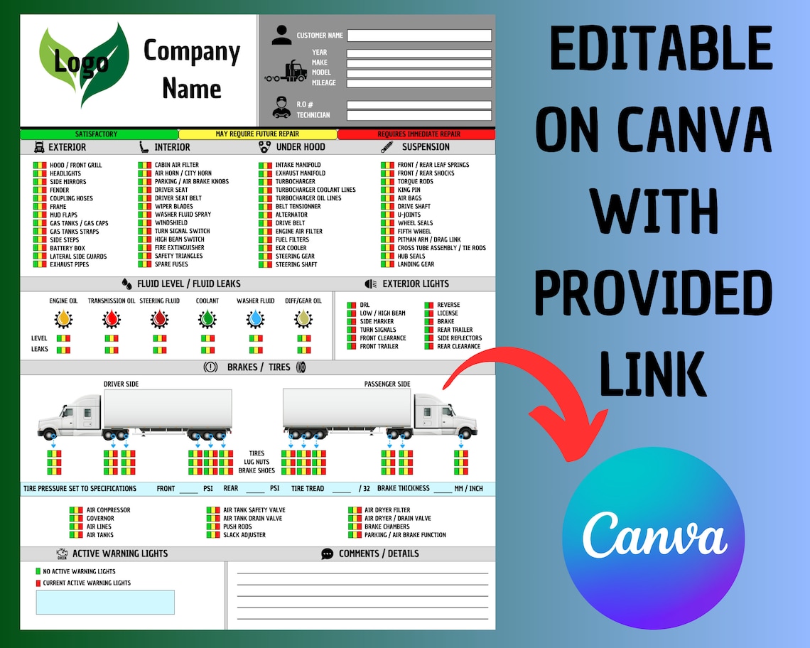 Semi Truck Inspection Sheet: 100+ Point Checklist (PDF Download) - Etsy