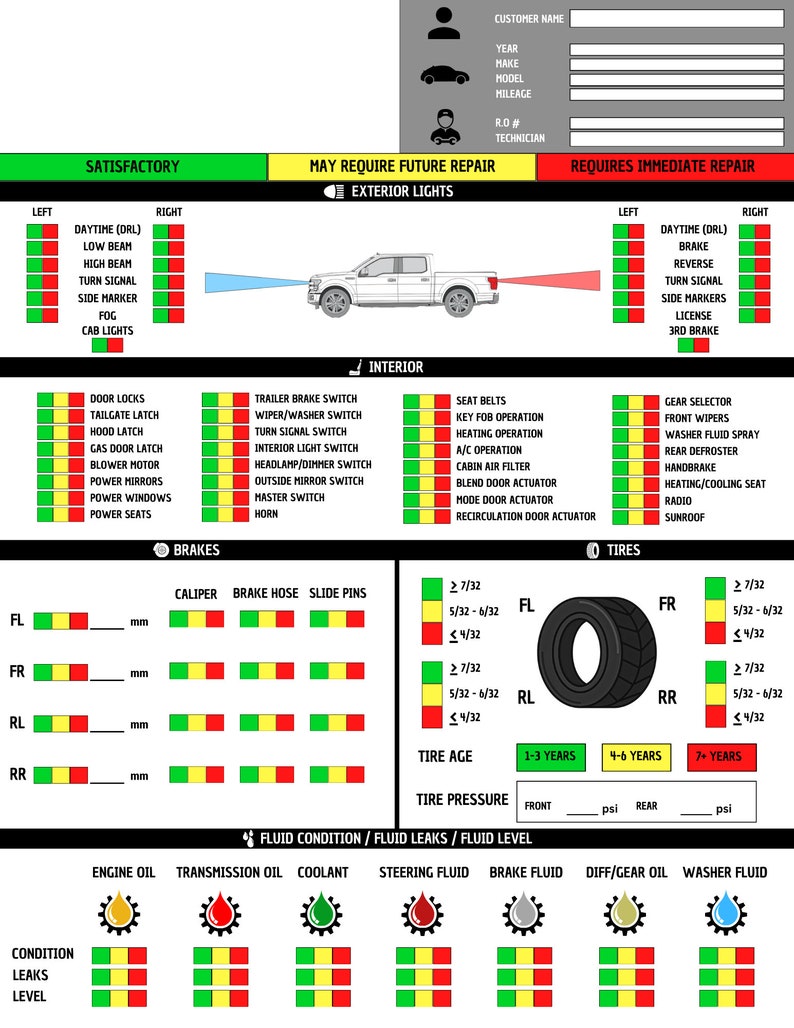 Diesel Truck / Heavy Duty Truck Professional Inspection Sheet, Diesel ...