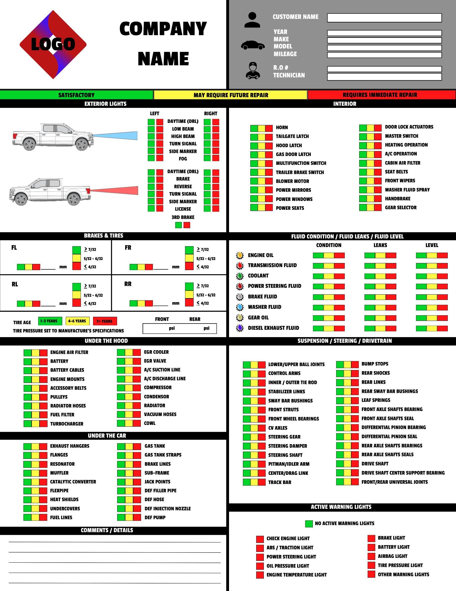 Diesel Truck / Heavy Duty Truck Professional Inspection Sheet, Diesel ...
