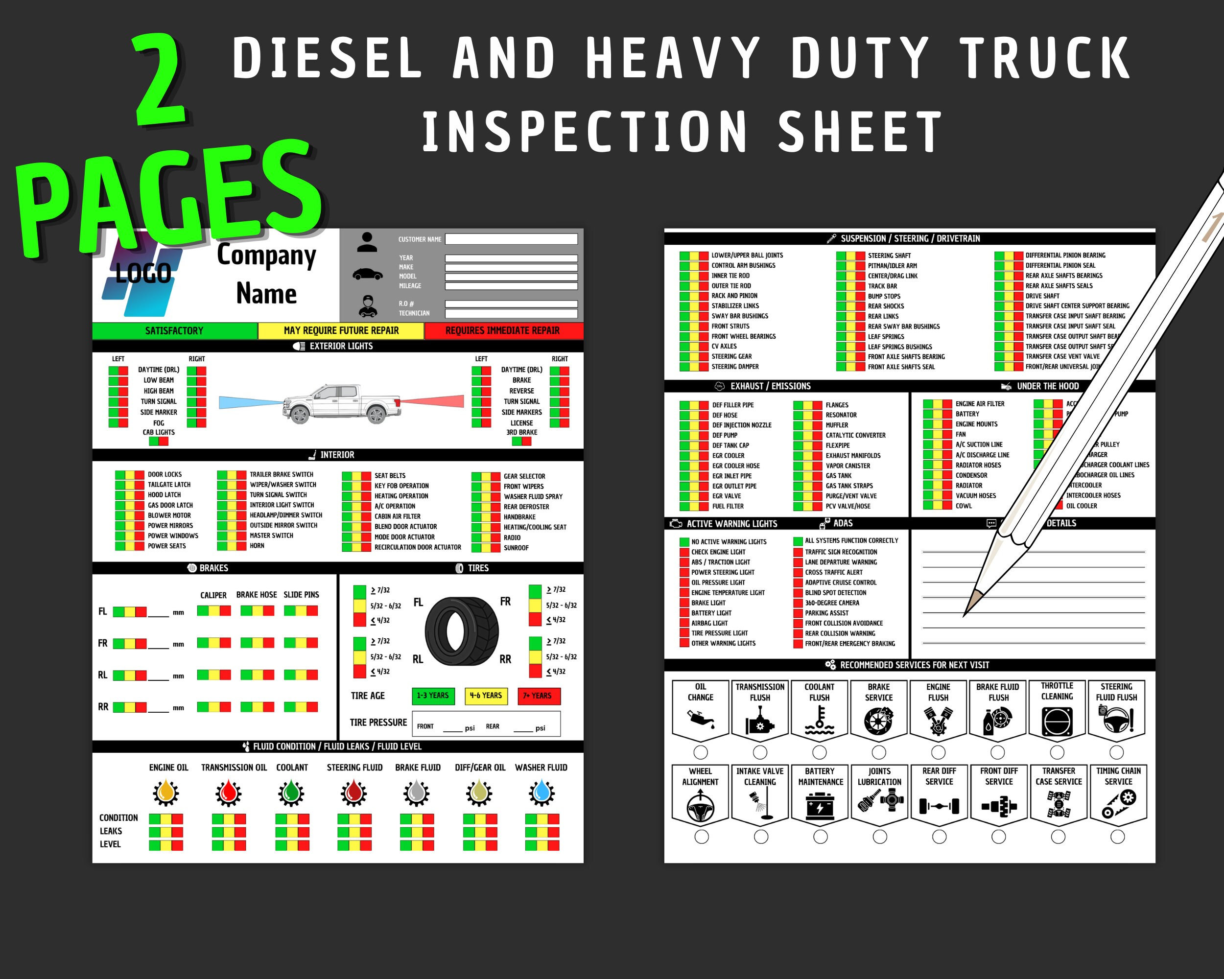 Diesel Truck / Heavy Duty Truck Professional Inspection Sheet, Diesel ...
