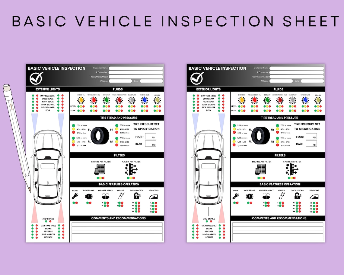 Vehicle Inspection Sheet, Basic Vehicle Inspection Form, Multi-point ...