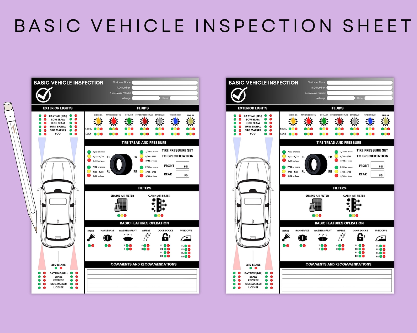 Vehicle Inspection Sheet, Basic Vehicle Inspection Form, Multi-point ...