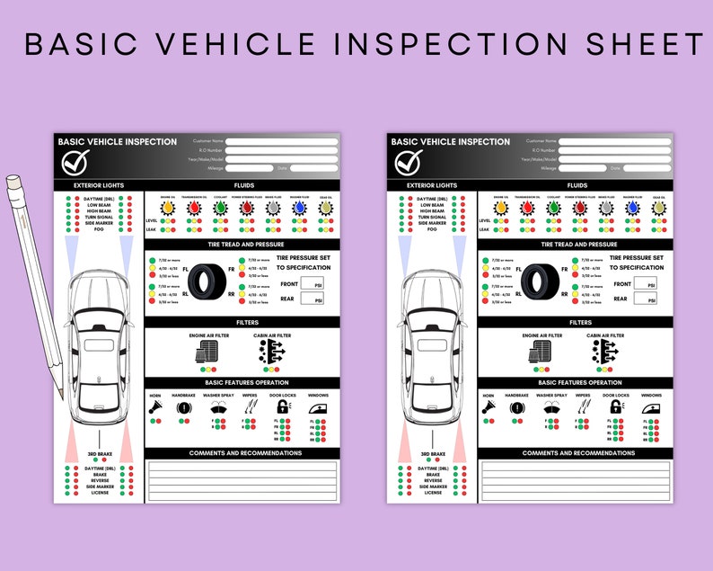 Vehicle Inspection Sheet, Basic Vehicle Inspection Form, Multi-point ...