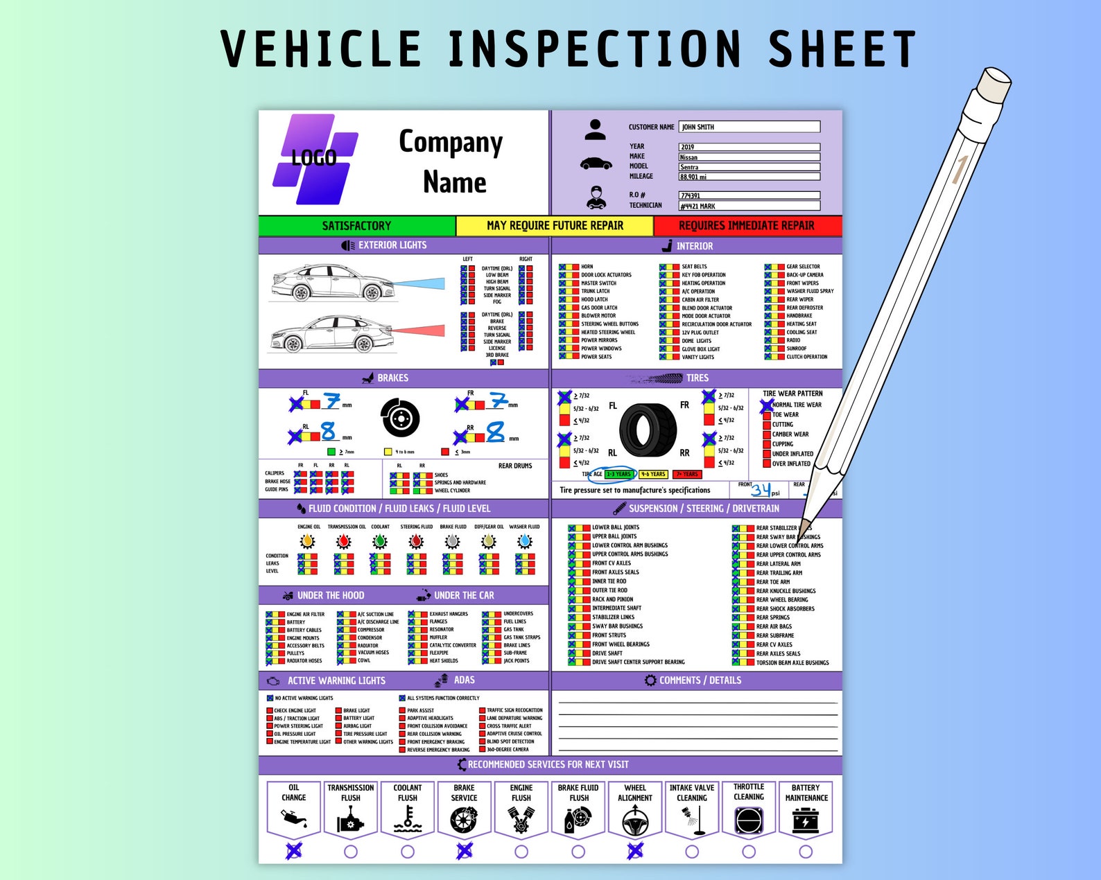 Professional 100+ Point Vehicle Safety Inspection Sheet: 100+ Points ...