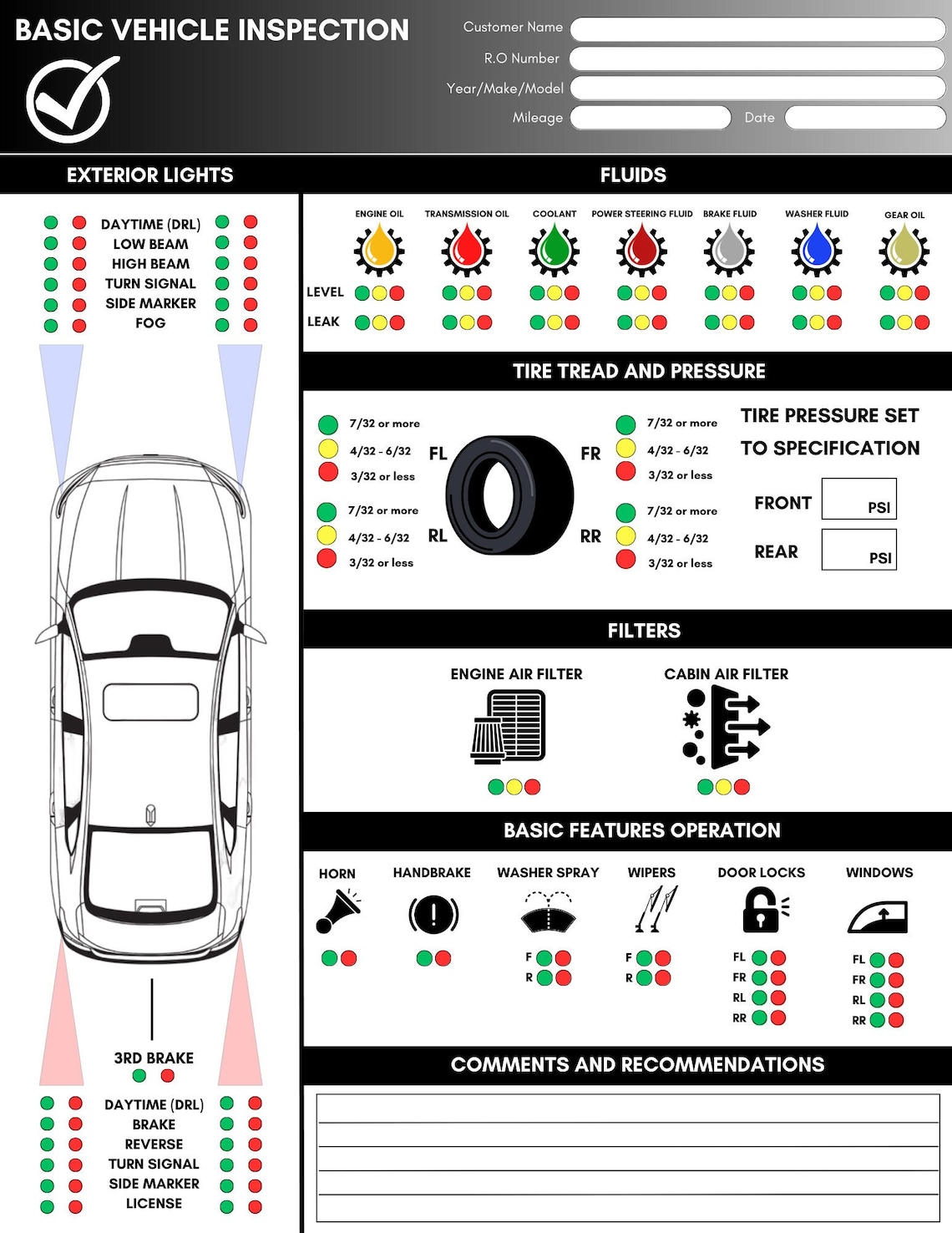 Vehicle Inspection Sheet, Basic Vehicle Inspection Form, Multi-point ...