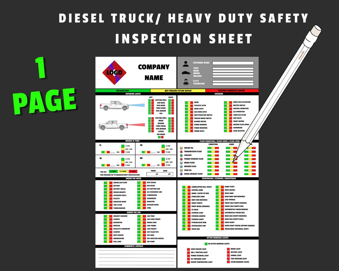 Diesel Truck / Heavy Duty Truck Professional Inspection Sheet, Diesel ...