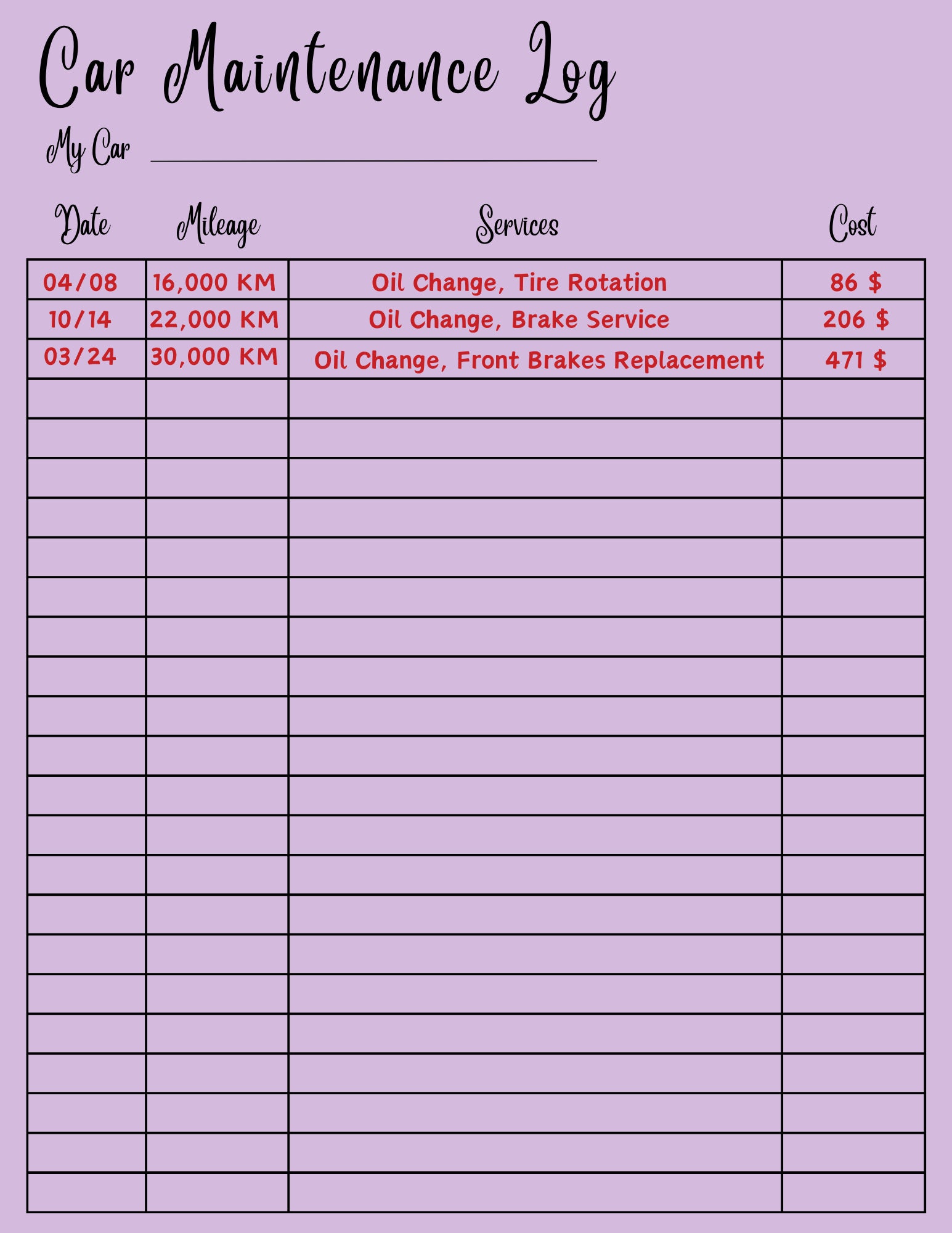 Car Maintenance Log, Car Maintenance Records, Repair Logs, Car Repairs ...