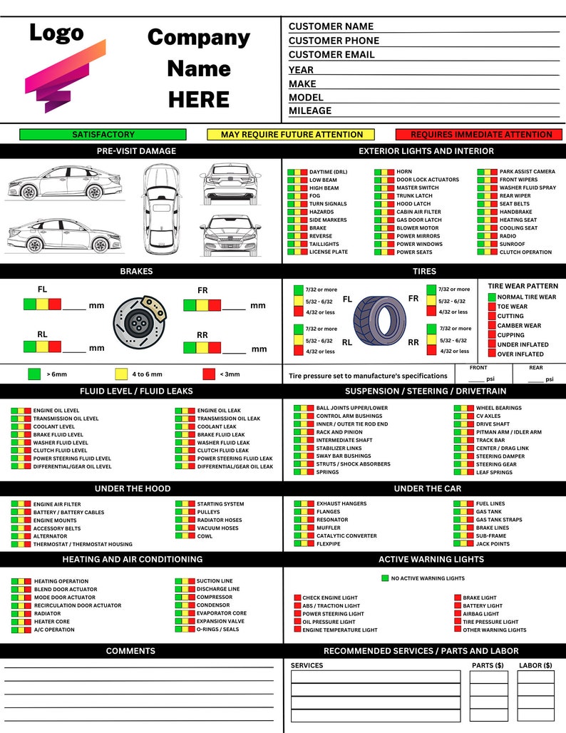 Professional 100+ Points Vehicle Inspection Form, Inspection Sheet ...