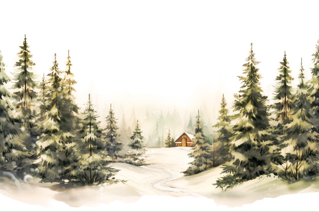 Cabin With Pine Trees in the Snow | Vintage Christmas Art | Digital ...