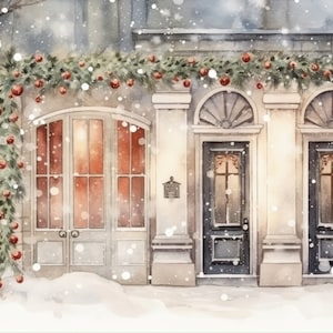 House With Holiday Decorations in the Snow | Vintage Christmas Art ...