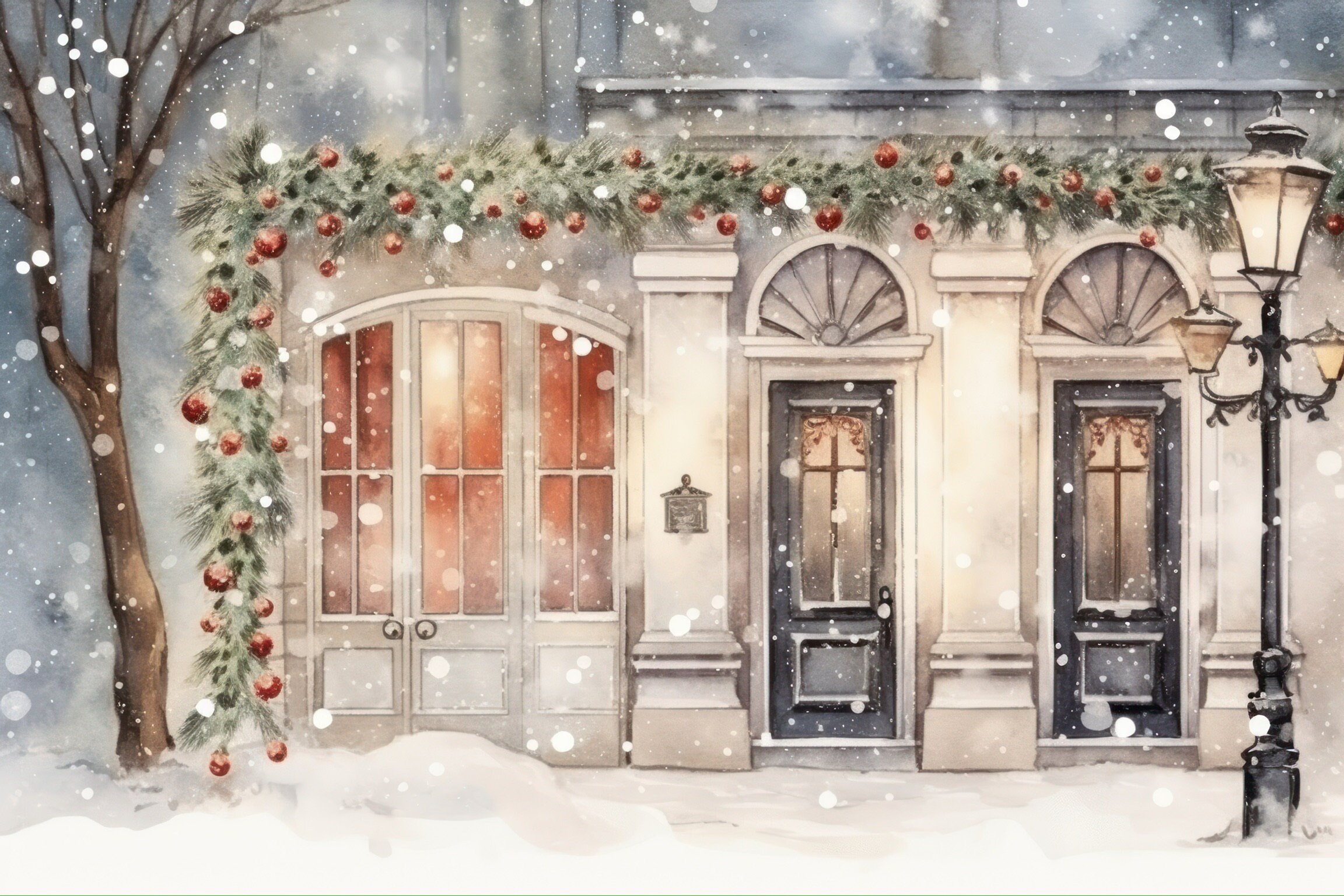 House With Holiday Decorations in the Snow | Vintage Christmas Art ...