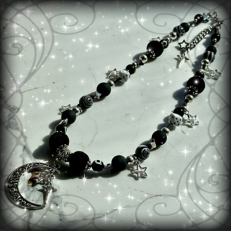 Grunge Gothic Unique Weirdcore Aesthetic Beaded Necklace With Crescent ...