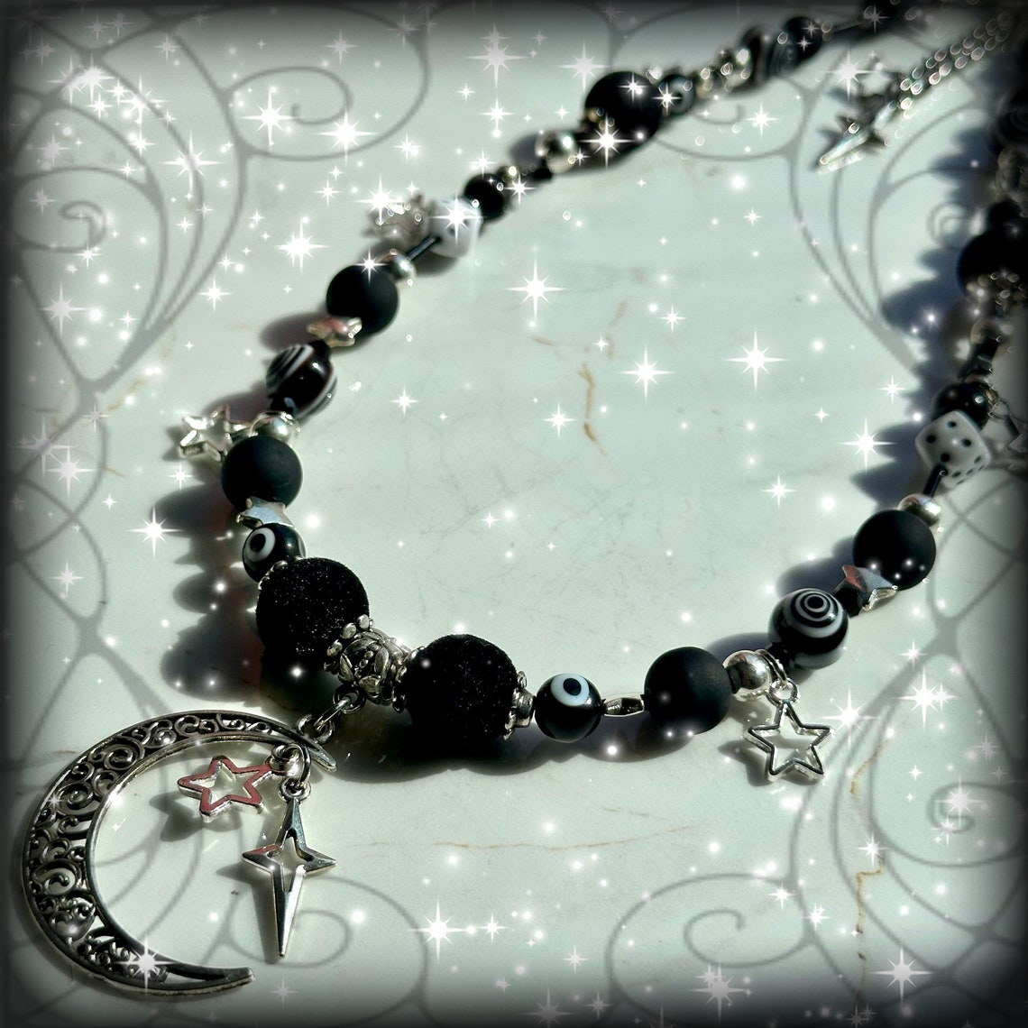 Grunge Gothic Unique Weirdcore Aesthetic Beaded Necklace With Crescent ...